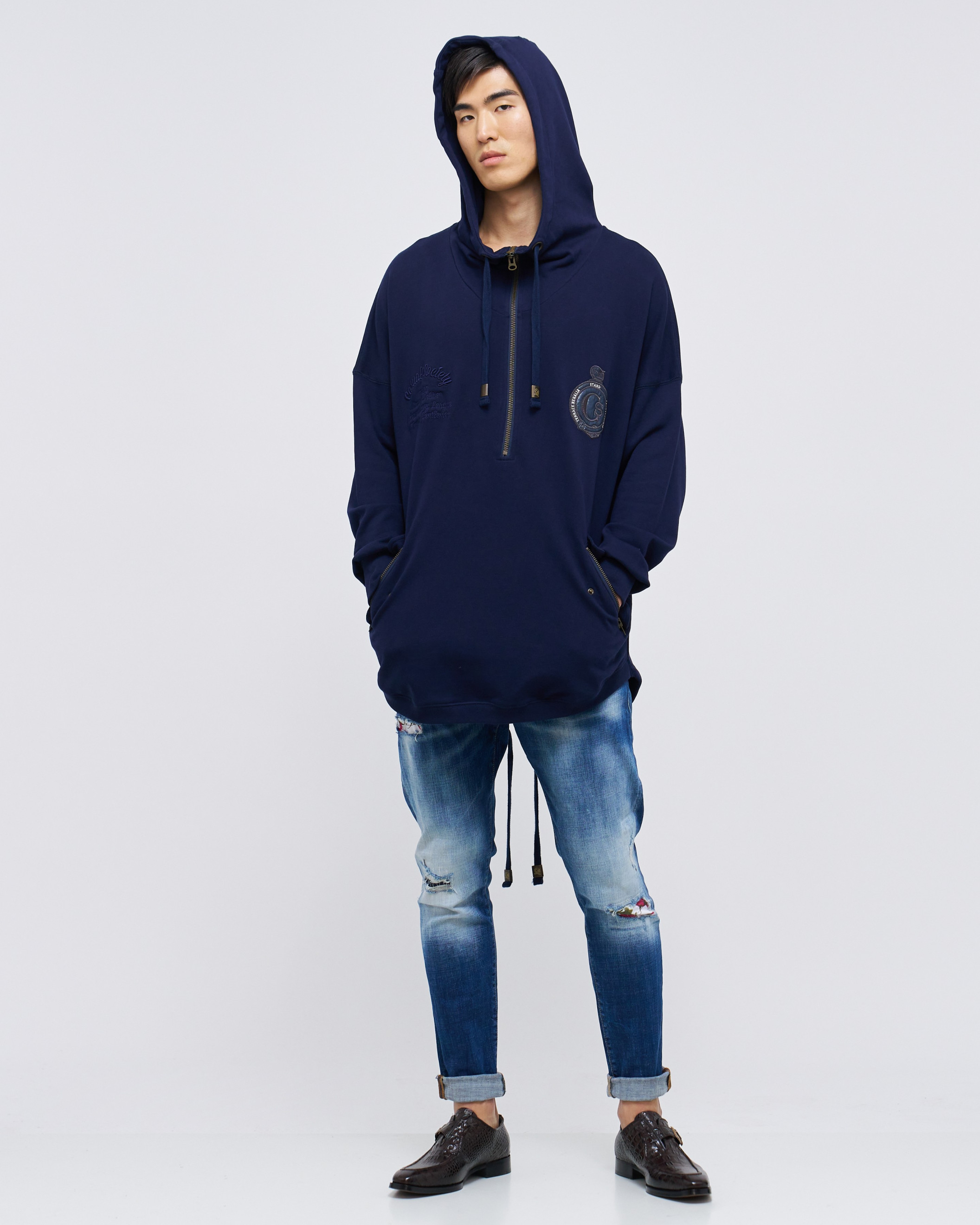 Men's Navy Loop-back Cotton Sweatshirt Parka, with Casual Society Logo ...